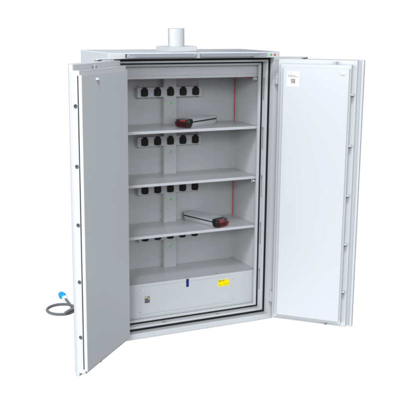 Battery cabinet for safely charging lithium-ion batteries | Batteryguard